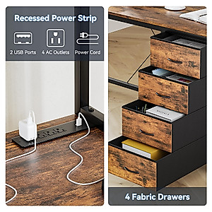 U Shaped Desk with Monitor Stand and LED Lights, U Shaped Gaming Desk with Storage Shelves, Large Computer Desk with Power Outlets, Large Corner Office Desk with 4 Drawers,Rustic Brown