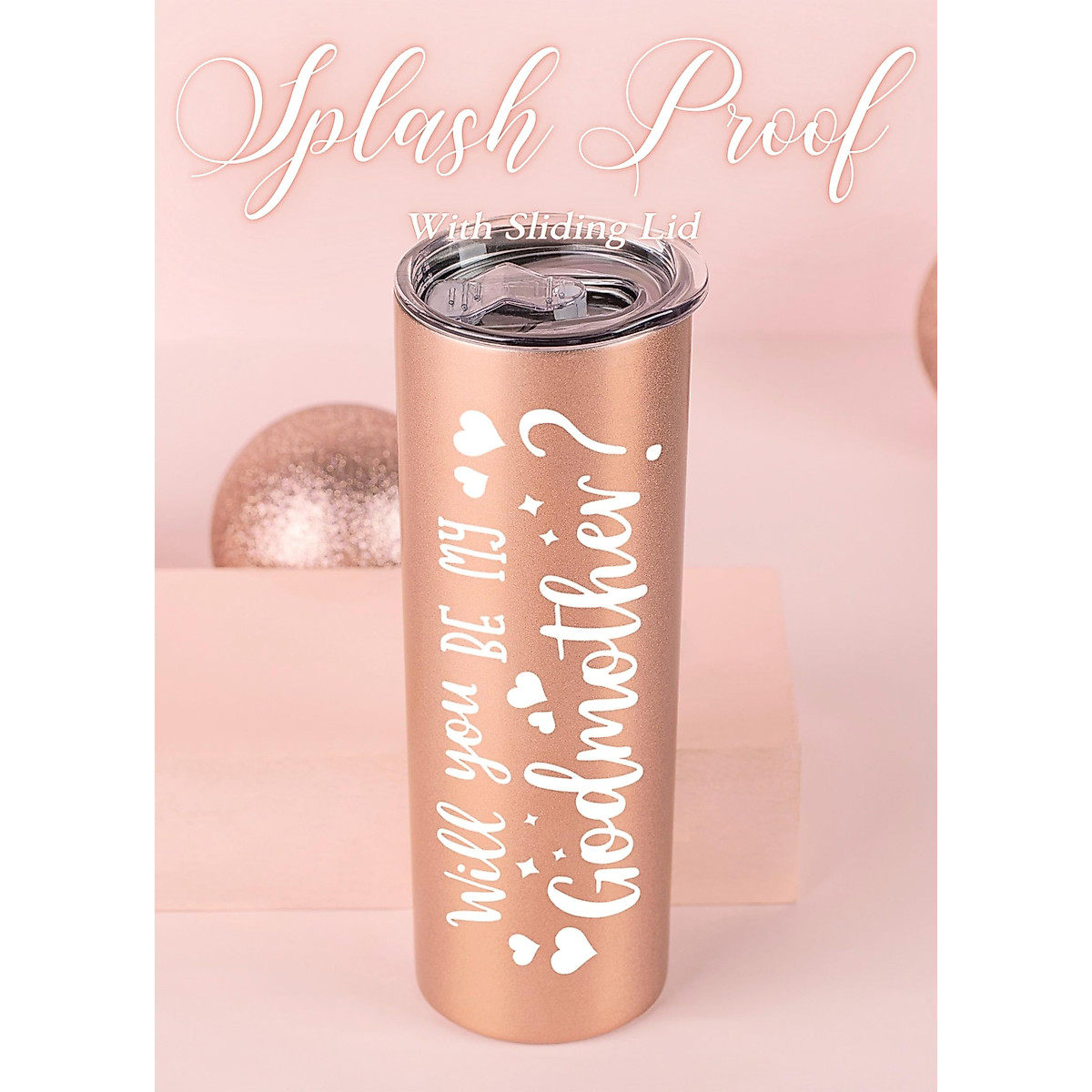 Onebttl Godmother Gifts, Mothers Day Gifts for Godmother, 20 oz Skinny Stainless Steel Tumbler Travel Mug for Best Friend, Aunt, Sister, Best Godmother Ever Rose Gold