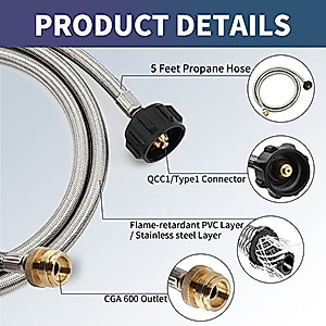 SILATU Propane Tank Adapter Hose - QCC1/Type1 Connect to 1lb to 20lb Tank, Stainless Steel Braided Propane Hose Adapter for Camping Stove, Portable Buddy Heater, Gas Grill, 5FT