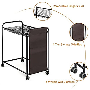 Pants Hanger Rolling Pants Trolley Pant Rack with 20 Hangers and Side Bag Multifunctional Closet Organizer for Jeans Scarf Skirts Trouser Blanket, Black