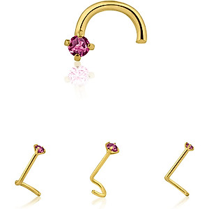 14K Solid Yellow Gold Natural Genuine Pink Tourmaline Nose Stud 20 GA, Twisted Crooked Screw Nose Stud, Screw Nose Stud, Body Jewelry Real Gold (2mm)