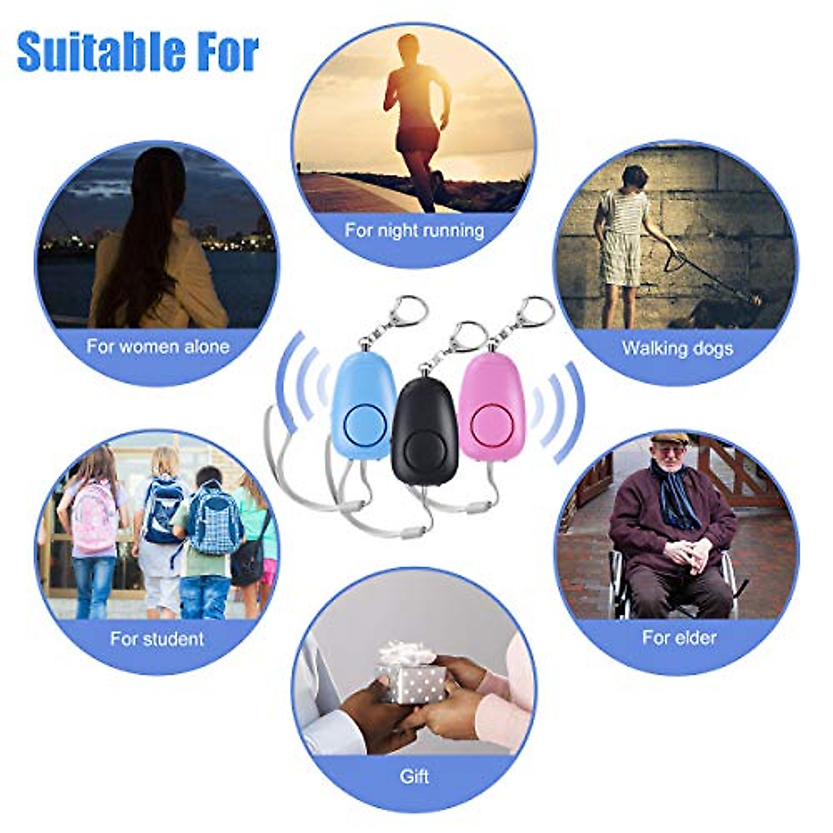 (Upgraded New Version) Safe Sound Personal Alarm, Rechargeable Emergency 130db Security Alarm Keychain Siren Song with 2 LED Lights, for Women, Men, Children, Elderly (3 Pack)