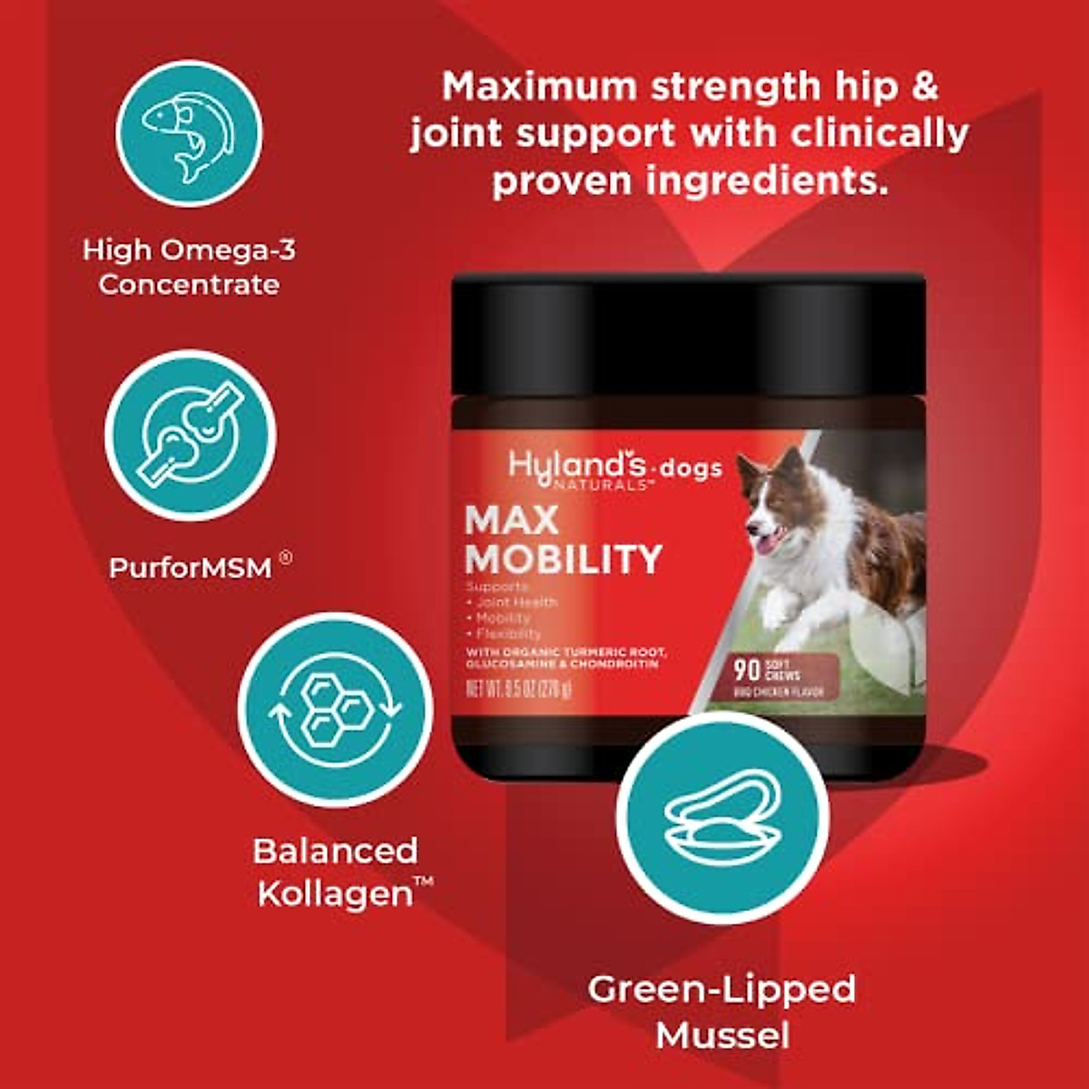 Hyland's Naturals - Dogs - Max Mobility, 90 Soft Chews, Supports Joint Health, Mobility & Flexibility, with Organic Turmeric Root, Glucosamine & Chondroitin, BBQ Chicken Flavor
