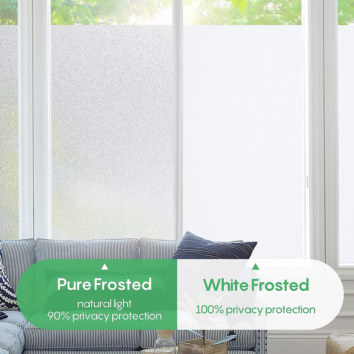 Coavas Window Privacy Film Frosted Glass Window Clings Bathroom Door Window Coverings Day and Night Privacy Peel and Stick Sun Blocking Decorative Frosting Home Window Tint (35.4 x 118.1 Inch, Pure)