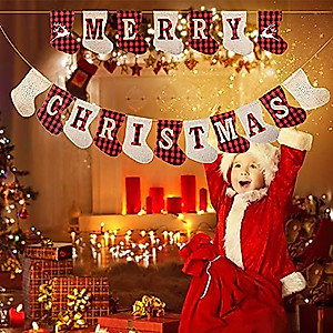 O-heart Merry Christmas Banner, Burlap Stockings Plaid Christmas Decorations, Merry Christmas Sign for Mantel Fireplace Christmas Tree Farmhouse Hanging Decoration Christmas Door Decorations