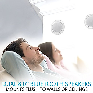 Pyle Pair 8” Bluetooth Flush Mount In-wall In-ceiling 2-Way Universal Home Speaker System Spring Loaded Quick Connections Polypropylene Cone Polymer Tweeter Stereo Sound 250 Watts , White,Single.