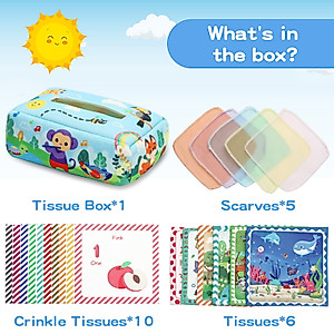QDRAGON Baby Tissue Box Toy Montessori, 22PCS Tissue Box Toy for Babies 6-12 Months, Baby Crinkle Toys with Soft Crinkle Papers and Silk Scarves, Sensory Pull Toys Gifts for Infants, Newborns