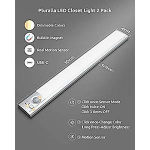 Pluralla Closet Light Rechargeable, 41 LED Under Cabinet Light with Motion Sensor, Magnetic Wireless Light Fixtures, 3 Colors Dimmable Under Counter Night Light for Kitchen/Wardrobe/Stairway - 2 Pack