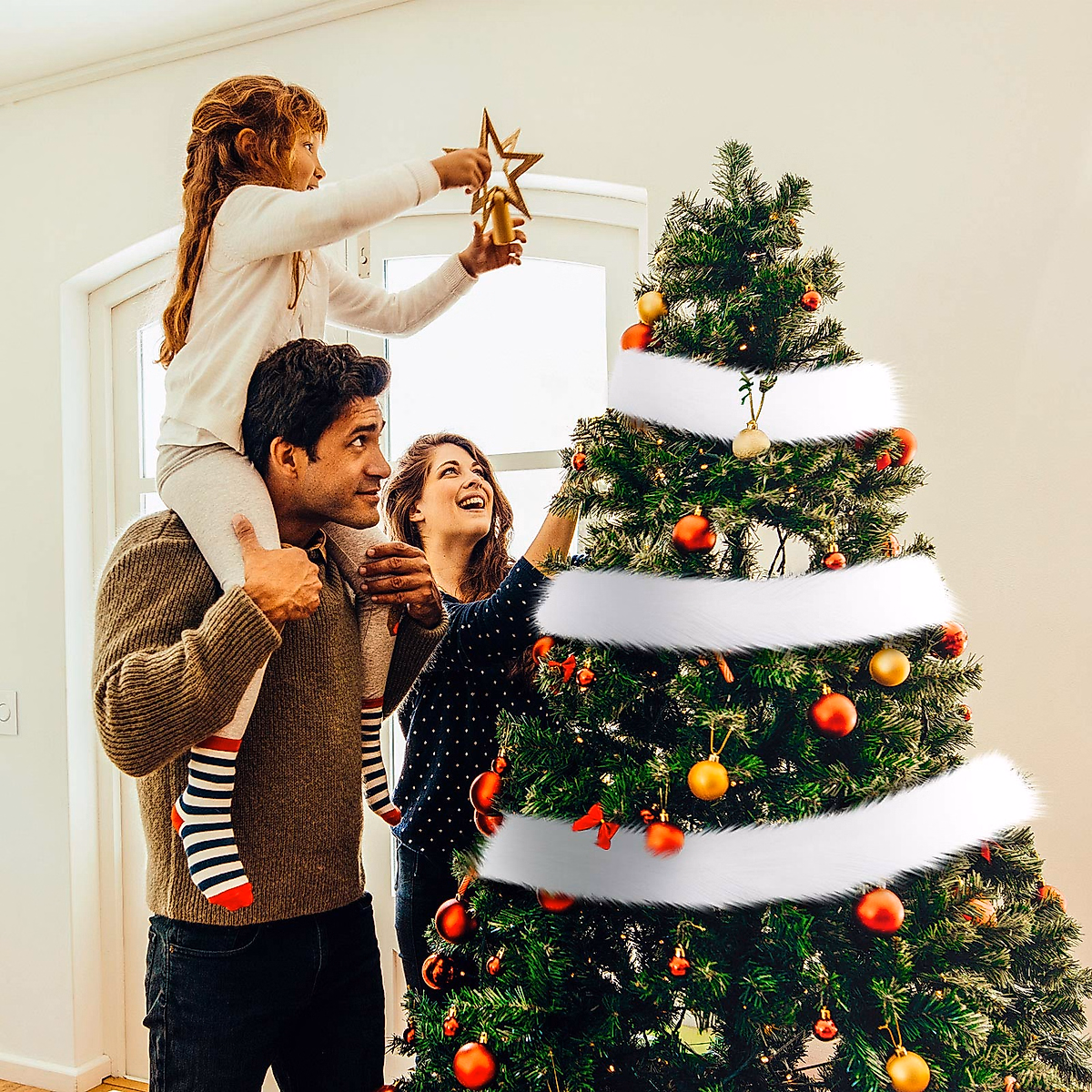 2 Inches Wide Christmas Faux Fur Ribbon Trim Fabric Roll for Christmas Tree Decor or Wreath Bows Craft, 3 Yards Long (White)