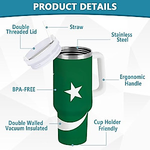 ODAWA 40oz Pakistan Flag Water Tumbler with Lid and Straw, 2 in 1 Lid Insulated Stainless Steel Vacuum Insulated Tumbler