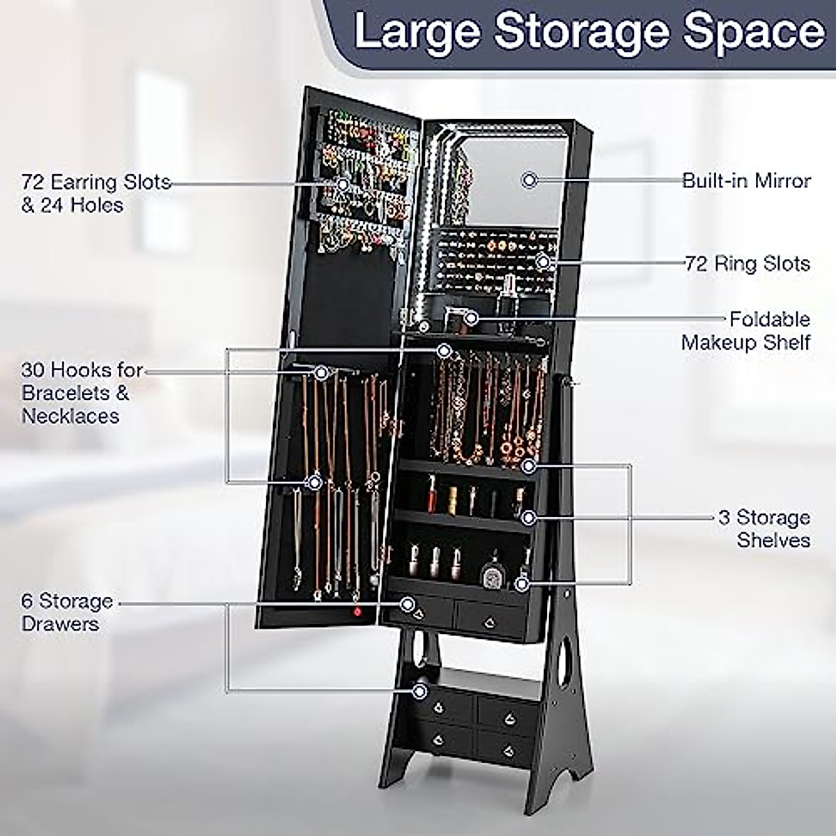 CHARMAID Jewelry Cabinet with LED Light Strip, 62.5'' Floor Jewelry Armoire with High Full Length Mirror, Vanity Mirror, Foldable Makeup Shelf, Jewelry Organizer Storage with 6 Drawers (Black)