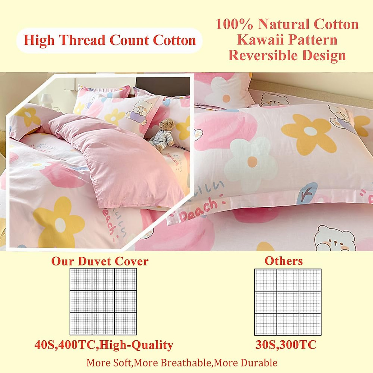 OranFran 100% Cotton Kids Duvet Cover,Pink Peach Duvet Cover Set,Kawaii Bedding Set Twin,Cute Comforter Cover for Girls Boys(Peach,Twin)