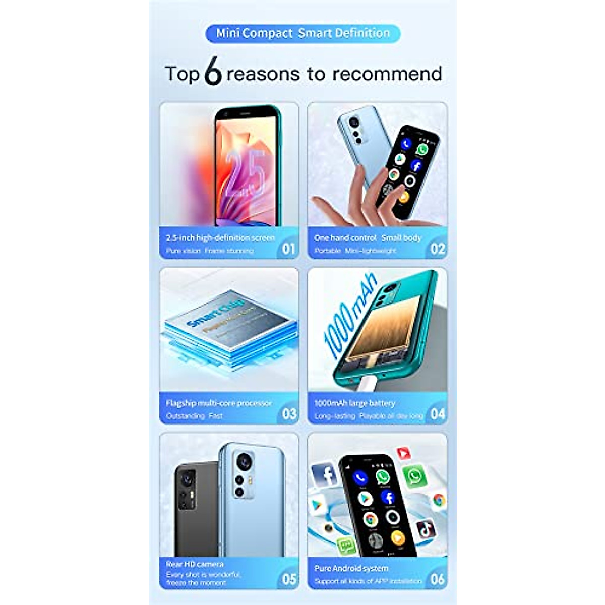 SOYES D18 Mini Phone Small Smartphone 3G Students Mobile Phones 1GB RAM 8GB ROM Android 6.0 Tiny Cellphone for Children (Sky Blue)