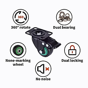 Caster Wheels 2 inch Heavy Duty with Brake,Swivel Plate(2.76 * 1.97 inch) Casters Set of 4 Total Load Capacity 616 lbs,No Floor Marks,Silent Polyurethane (PU) for Dolly Furniture Wheels