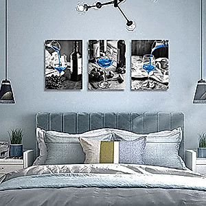 Canvas Wall Art For Kitchen Wall Decor For Dining Room Black And White Wine Glasses Painting Modern Blue Wine Canvas Art Prints Ready To Hang Pictures For Restaurant Home Decorations 12"X16" 3 Pieces