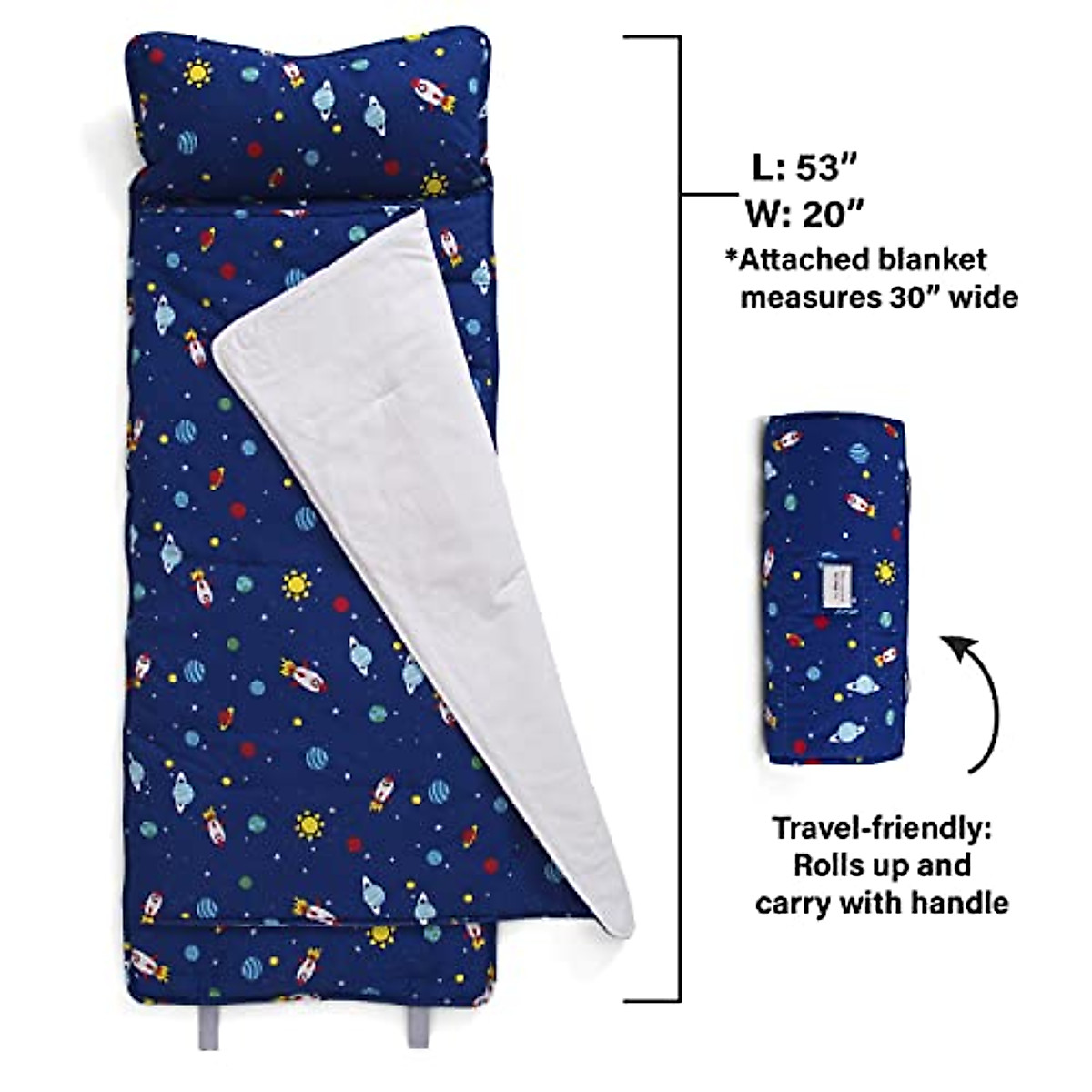 Delta Children Nap Mat with Included Pillow and Blanket for Toddlers and Kids; Features Carry Handle with Strap Closure and Name Tag; Rollup Design is Ideal for Preschool and Daycare, Space