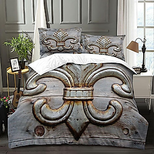Flowers Fleur De Lis Duvet Cover Set Queen Include 1 Duvet Cover 2 Pillowcases Vintage Flower Iron Tin Antique Ornate Rustic Sign Wooden Comforter Cover Microfiber Soft Bedding Sets
