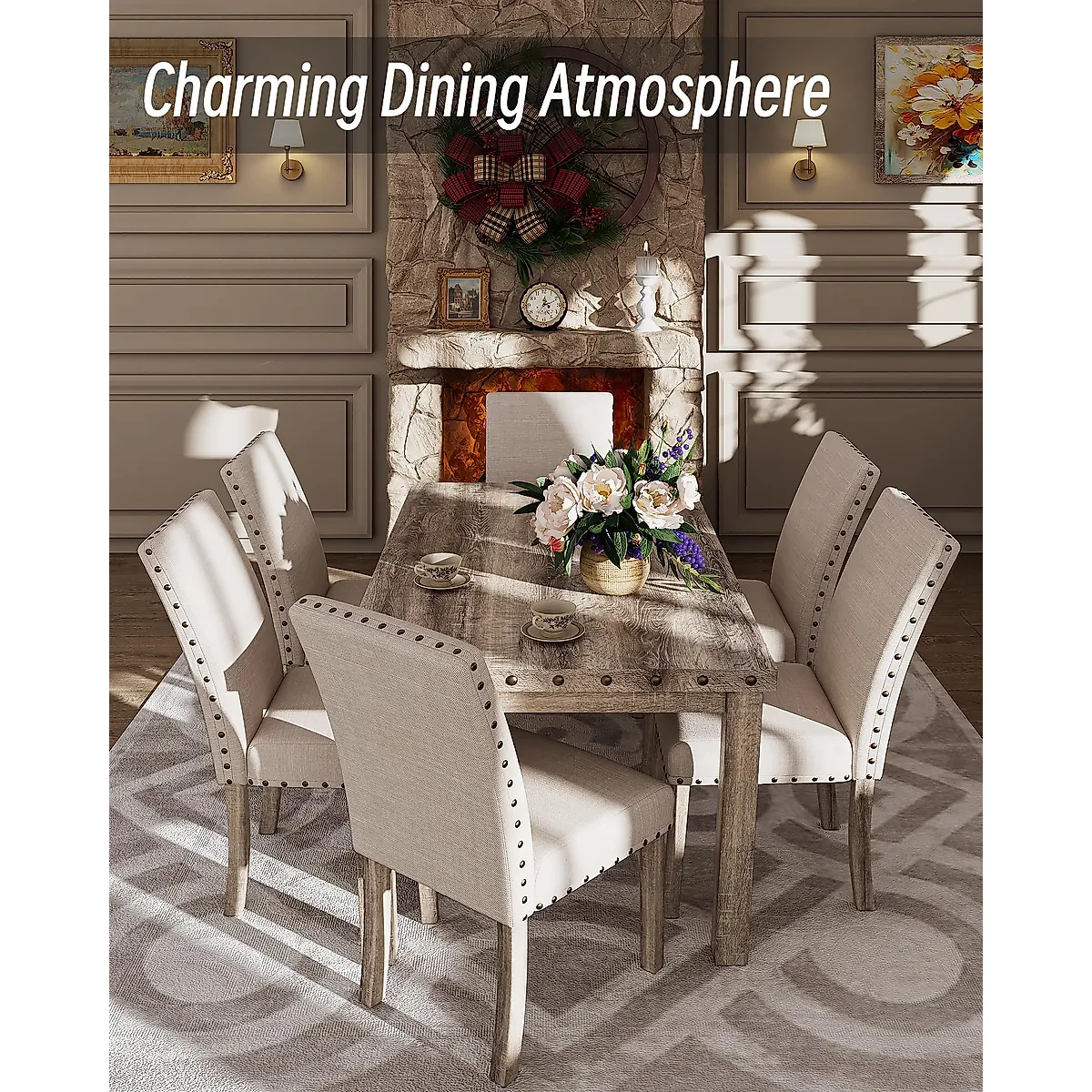 Morden Fort 7 Piece Rustic Wooden Dining Set, Mid-Century Modern Table & Chair Set for Spacious Dining Rooms and Entertaining Guests