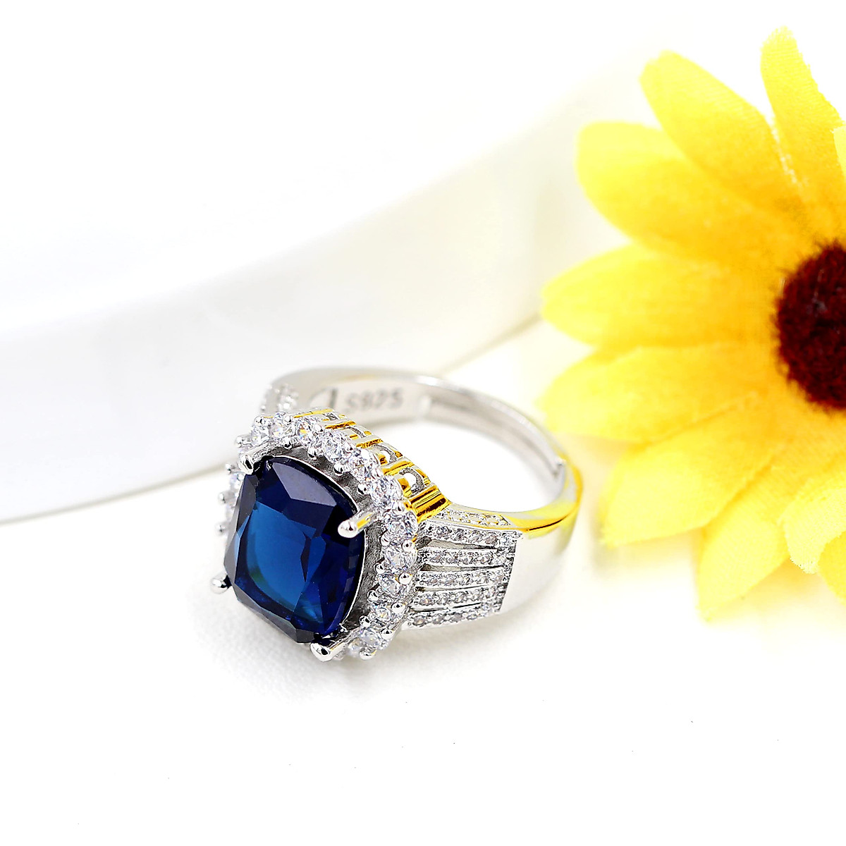 Uloveido Platinum Plated Cushion Cut 5 Carat Simulated Sapphire Ring, Blue Cubic Zirconia Adjustable Birthstone Rings Wedding Women Y987