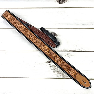 Walker & Williams LC-11 Handmade Super Premium Leather Guitar Strap with Hand Carved Live Oak Pattern And Peccary Backing For Acoustic, Electric, And Bass Guitars