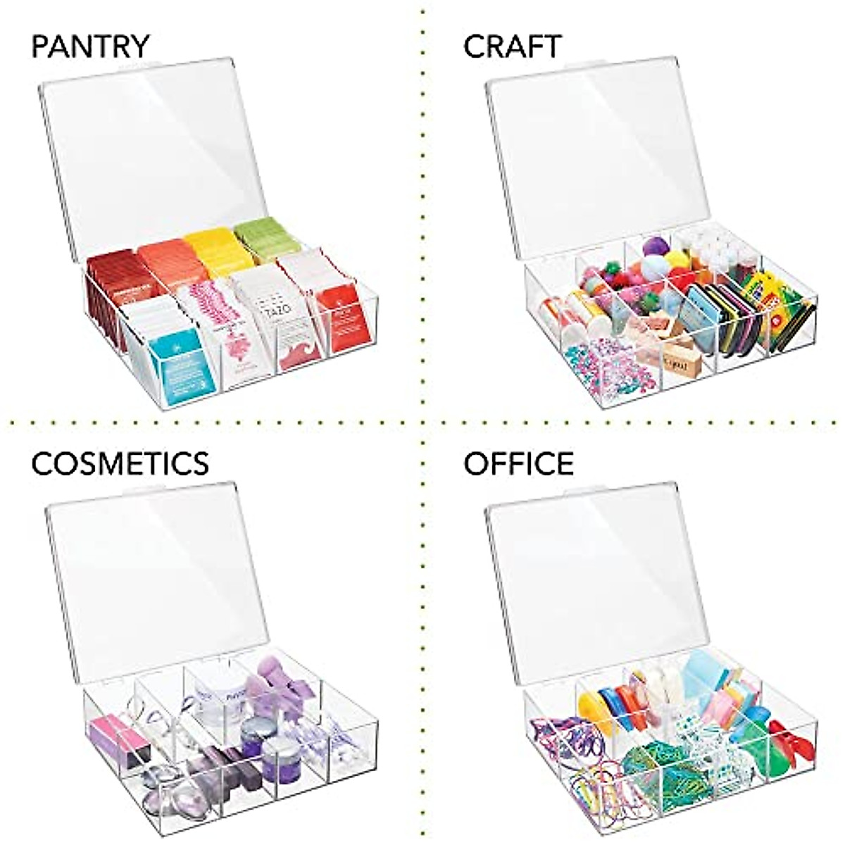 mDesign Tea Storage Organizer Box - 8 Divided Sections, Easy-View Hinged Lid - Use in Kitchen, Pantry, and Cabinets; Holder for Tea Bags, Packets, Small Items and Accessories, BPA free - Clear