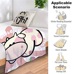 Strawberry Milk Cow Blanket Lightweight Flannel Fleece Cartoon Cute Animal Throw Blankets Soft Cozy Plush Microfiber All-Season Blanket for Bed/Couch/Sofa-50 x40 in