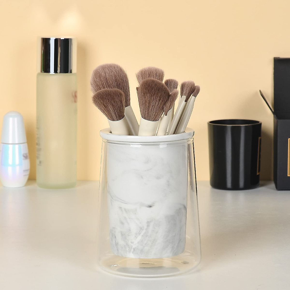 Silverware Caddy, Marble Style Utensil Caddy, Silverware Holder, 3.38″ Utensil Crock with Ceramic Filter Water Utensil Holder and Glass Water Storage Container, Cutlery Caddy, ANTIS'S HOME