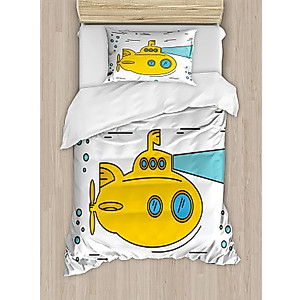 Ambesonne Yellow Submarine Duvet Cover Sets, Ocean Nautical Adventure Underwater Bubbles Porthole Cartoon, Bedding Set with 2 Duvet Covers 4 Pillowcases, 2 Pack Cal King Size, White Yellow Blue