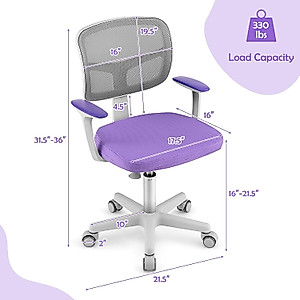 FUTADA Kids Desk Chair, Height Adjustable Children Study Chair w/Lumbar Support, Swivel Mesh Seat, Universal Casters, Ergonomic Kids Task Chair for Boys Girls Aged 3-10, Home, School, Office (Purple)