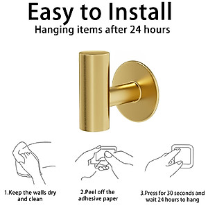 Kruodop Adhesive Hooks for Bathroom, 4 Packs of Towel Hooks, Wall Mount Towel Holder, Matte Wall Robe Hook, Stainless Steel Heavy Duty Door Hanger Towel Hook for Kitchen, Bedroom, and Hotel-Gold