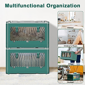 Sindax 2 Pack Storage Bins with Lids - 13.8 Gallon Collapsible Large Storage Bins with Wheels and Door, Stackable Storage Bins for Clothing, Blankets, Books, Bedding