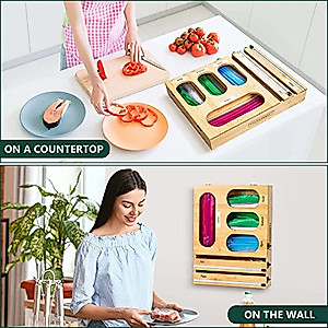 Premiumarkt 6in1 Thick Bamboo Ziplock Bag Organizer Wrap Dispenser with Cutter, Kitchen drawer organizer storage, Compatible with Gallon,Quart,Sandwich,Snack, Foil, Premium bamboo with wall mounts BMORG01