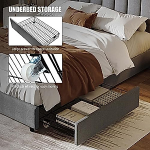 Queen Size Linen Upholstered Platform Bed Frame with 2 Big Drawers, Modern Rivets Design Platform Bed with Stitched Padded Headboard & Wood Slats Support for Bedroom, No Box Spring Needed (Grey)