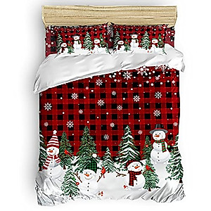 Full Comforter Cover Set - Soft and Breathable Bedding Sets, Red Buffalo Check Snowman and Christmas Pine Tree Winter Holiday 3 Pieces Light Weight Bed Sets with 1 Duvet Cover and 2 Pillowcases