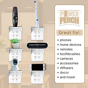 Storage Theory Power Perch Double Outlet Shelf - Convert Your Outlet into Display Shelves - Alexa Speaker Stand, Electric Toothbrush Holder - Light Socket Shelf 2 Pack, White
