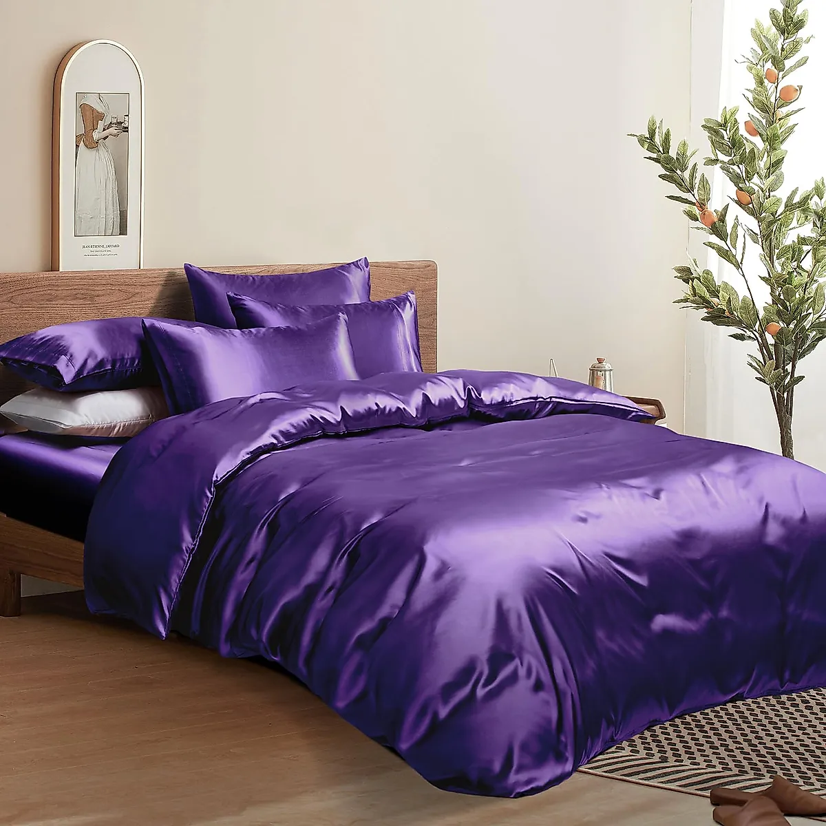 Manyshofu 6Pcs Dark Purple Duvet Cover Set Queen Size with Satin Fitted Sheet - Not Comforter, Cooling Satin Duvet Cover Sheets Silky Comforter Cover Set(4 Pillowcases, 1 Duvet Cover, 1 Fitted Sheet)