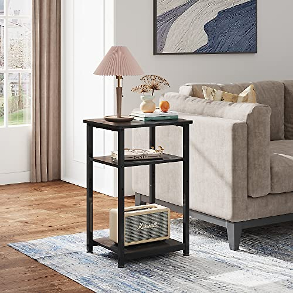 WLIVE Side Table, Small End Table, Adjustable 3-Tier Bedside Table with Sturdy Metal Frame, Tall Nightstand for Bedroom, Living Room, Sofa Table for Small Space (Black, 1 Pack)