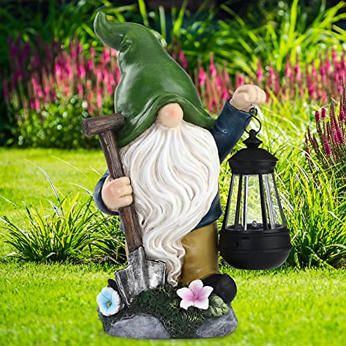 Aismio Garden Gnome Statue with Solar Lights, Large Garden Statue and Sculpture with Lantern, Funny Resin Gnome Garden Figurines for Outdoor Patio Lawn Yard Decor 13 inch Ornament Gift(Shovel)