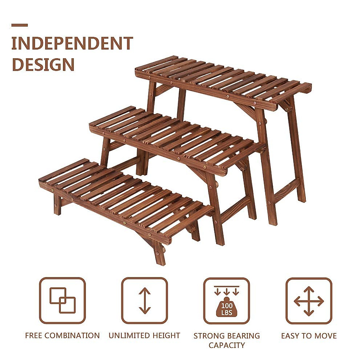 Ufine Freestanding 3 Tier Ladder Shelf Wood Plant Stand Indoor Outdoor Plant Display Rack Flower Pot Holder Planter Organizer