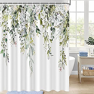 Nuseiis Sage Green Eucalyptus Shower Curtain, Watercolor Plant Leaves Shower Curtain with 12 Hooks, Decorative Botanical Shower Curtain 72 x 72 Inch