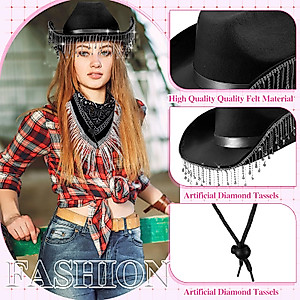 Leumoi 3 Pcs Rhinestone Cowgirl Hat with Fringe Rhinestone Bandana and Heart Sunglasses Bling Diamond Fringe Cowboy Hat (Black)