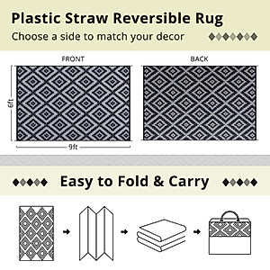 Outdoor Camping Rug Waterproof 6x9FT, Large Reversible Stain&UV Resistant Plastic Straw RV Rug for Outside Patio Pool Deck Beach Indoor, Area Carpet Mat with Portable Bag&4 Stakes-Black Grey Rhombus