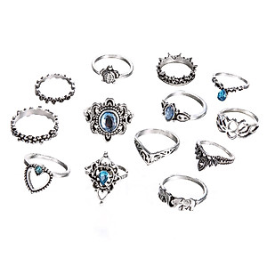 ABJFJE 13Pcs Vintage Silver Stackable Finger Rings Set Boho Midi Cool Gothic Punk Hollow Carved Flowers Turtle Heart Crystal Knuckle Rings Set for Women (13Pcs Silver ring)