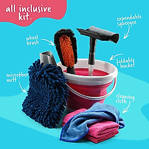 Kids Car Wash Activity Kit – 7 Kid-Sized Carwash Accessories Gifts for Boys & Girls Ages 5 6 7 8-10 - Outdoor Fun Toys – Set Includes Bucket, Squeegee, Microfiber Mitt, Wheel Brush, 3 Cleaning Cloths