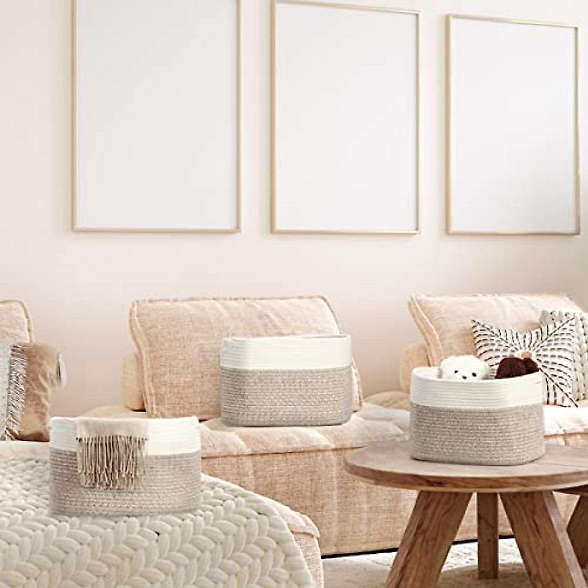 CASAVIDA Woven Baskets for Storage Set of 3, Cotton Rope Basket Storage Baskets for Organizing with Handles, Closet Soft Storage Baskets for Shelf Nursery Baby Laundry Living Room & Bedroom