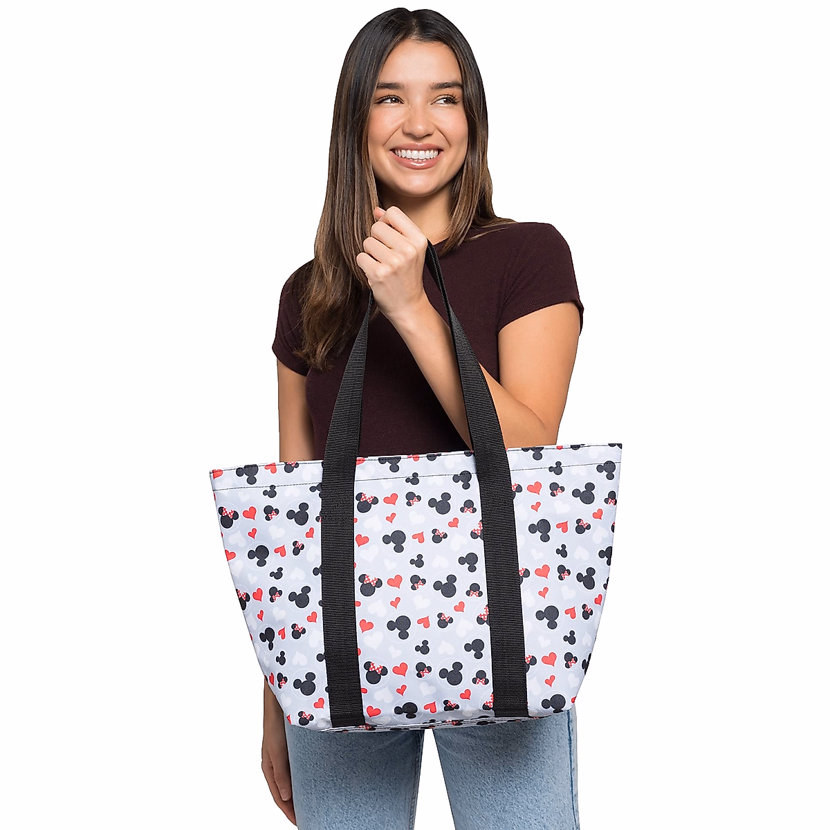 Disney Tote Mickey & Minnie Mouse Icon Print Zipper Travel Bag (Grey)