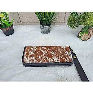 Womens Zipper Wristlet Clutch - Brown Cow Hide Cow Skin Leather Hand Clutch Zip Phone Wallet Clutch Card Case 8' X 4' - Gift for her