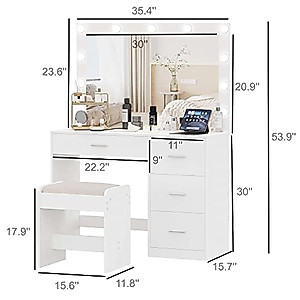 Irontar Makeup Vanity Table with Large Mirror, Vanity Desk with Chair and 11 LED Lights, Makeup Table with 4 Metal Sliding Drawers, Bedroom Vanity Table Set with Stool for Girls, Women, White WDT002WD