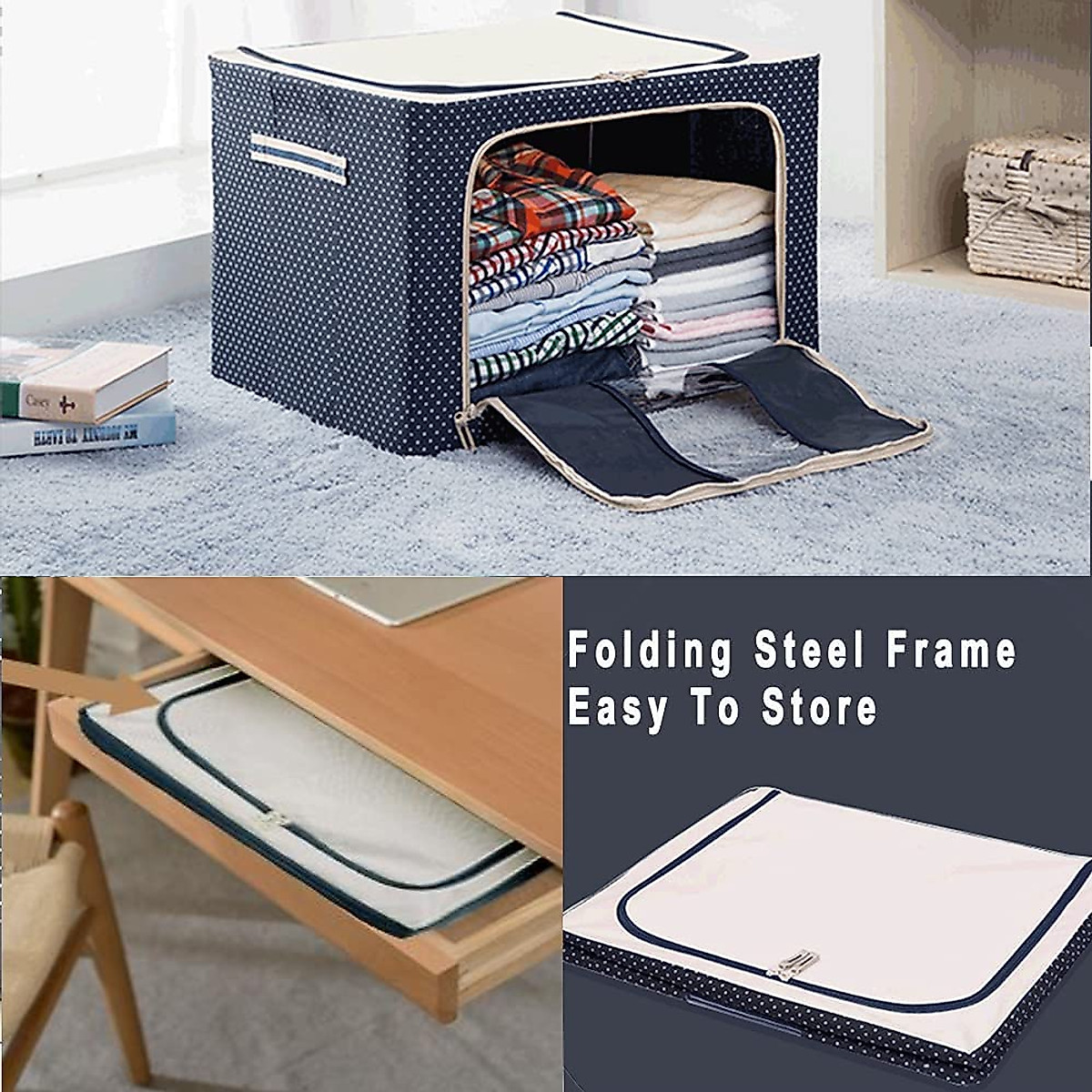 VINMEN Oxford Cloth Steel Frame Storage Box, 2 Pack 66L Foldable Storage Bag Organizers with Clear Window, Reinforced Handle for Navy Blue