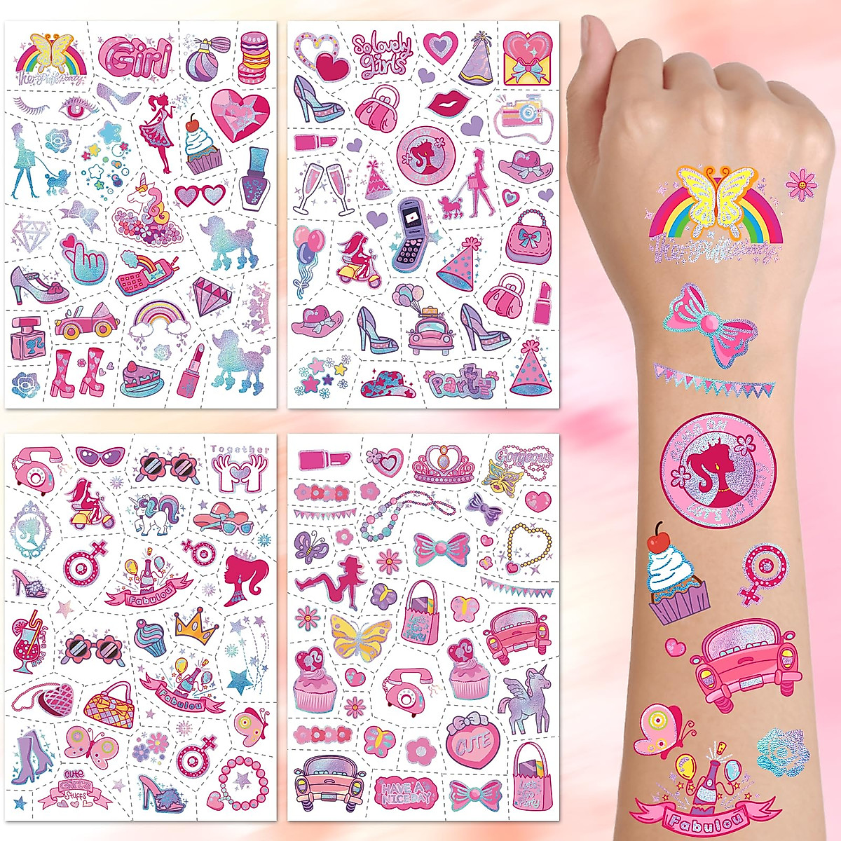 Pink Temporary Tattoos for Kids Girls and Women, Flower Star Handbag Crown Sunglasses Champagne Car Cake Party Fake Tattoos for Decorations, 140+ Styles Temporary Tattoos for Party Supplies & Favors